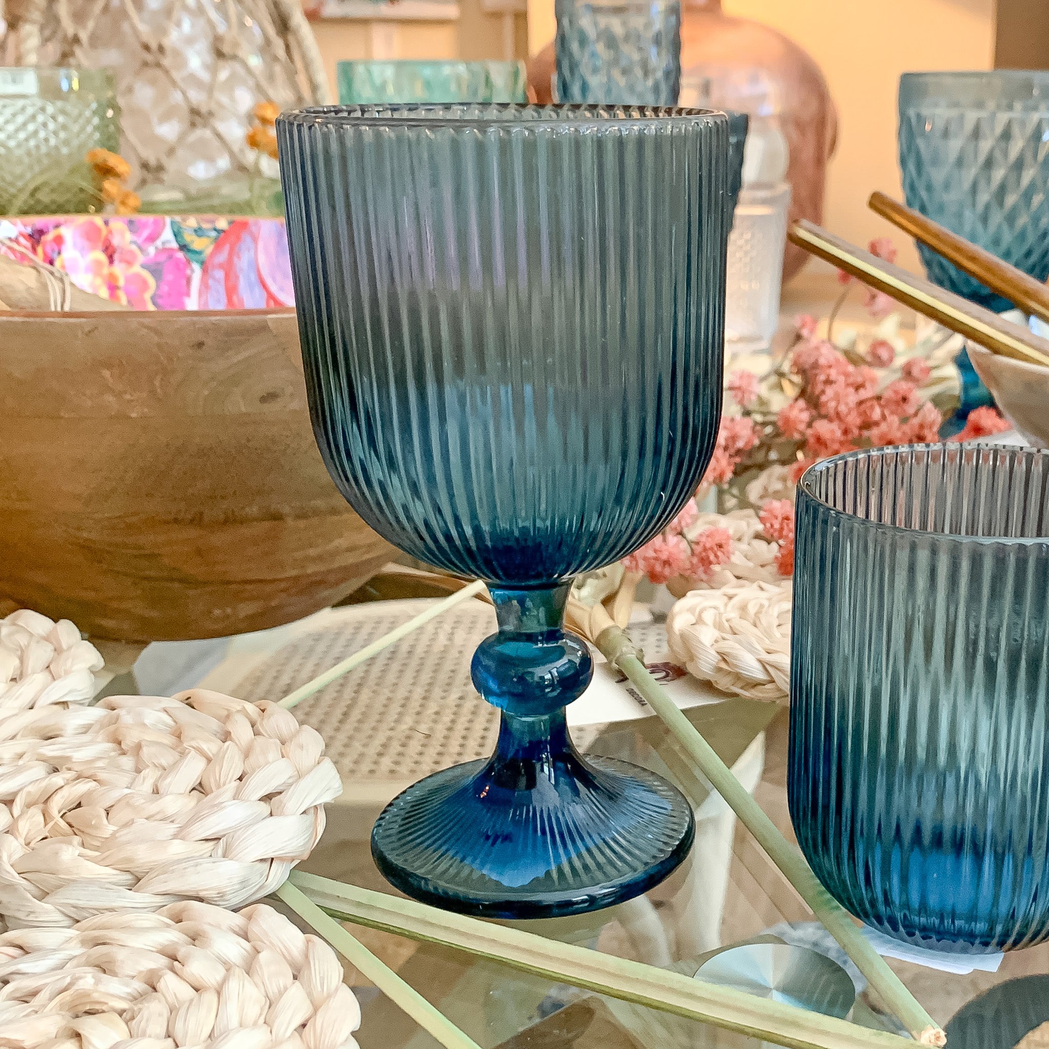 Copa de cristal rayado azul 325 ml set 6 – Petra Decora